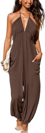 Cupshe Combinaison longue pliss&eacute;e sans manches pour femme avec poches, caf&eacute;, Medium