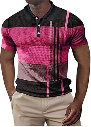Generic Polo &agrave; manches courtes pour homme Printemps et &eacute;t&eacute; boutonn&eacute; 2025 - Motif &agrave; carreaux - Couleur assortie - Imprim&eacute; ray&eacute; - Manches techniques, rose vif, 
