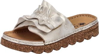 Rieker Pantolette RIEKER, Damen, Gr. 36, beige (hellbeige), Lederimitat, metallic, Schuhe Pantolette, Sommerschuh, Strandschuh, Hausschuh mit modischer Plate