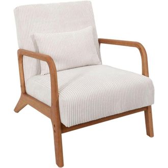 Atmosphera Atmosphera - Fauteuil lounge en velours c&ocirc;tel&eacute; beige et bois - tako