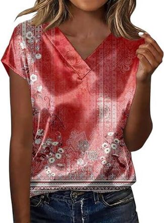 Generic Chemisier vintage &agrave; manches courtes et col en V pour femme | Chemise d&eacute;t&eacute; douce et l&eacute;g&egrave;re pour un usage quotidien, les vacances, les voyages, Rouge, X