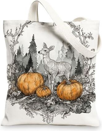 Generic Sacs fourre-tout en toile motif cerf rustique, sacs dépicerie réutilisables, légers et lavables pour salle de sport, voyage, blanc, 13x15 Inch