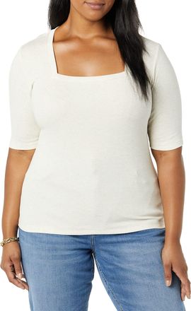 Amazon Aware Damen Geripptes T-Shirt aus Modal mit ellenbogenlangen Ärmeln und quadratischem Ausschnitt (in Übergröße erhältlich), Haferbeige Meliert, M