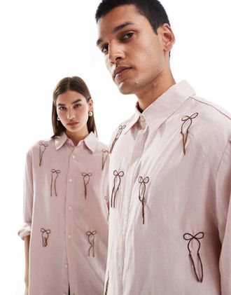 Sister Jane Sister Jane - Chemise unisexe &agrave; noeuds contrastants et broderies - Rose cendr&eacute;