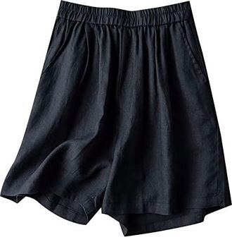Generic Short de sport 2025 pour femme - Coupe ample et droite - Taille haute - En lin et coton - Taille élastique - Pantalon de boxe sans couture avant, Noir