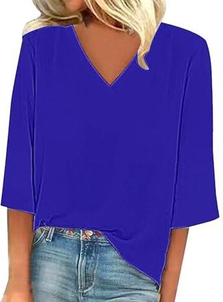 Generic Chemise unie à manches courtes pour femme, couleur unie, tendance, décontracté, col en V, manches trois-quart, vêtements pour la vie quotidienne, cade