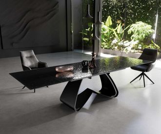 DELIFE Esstisch Edge 200-300x100 Reliefglas Rauchschwarz 3D-Design W-Gestell Schwarz ausziehbar, Esstische