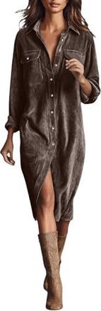 Generic Robe chemise longue en velours c&ocirc;tel&eacute; pour femme - Robe chemise marron pour femme, chemises boutonn&eacute;es, manches longues avec col et poches, robes midi