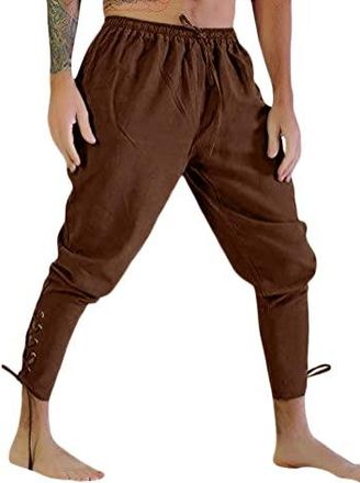 ORANDESIGNE Homme Pantalon Médiéval Vintage de Pirate Costume de Cosplay Viking Loisirs Steampunk Couleur Unie Avec Cordon de Serrage E Marron S