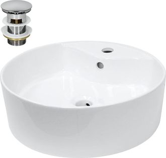 ECD Germany Waschbecken Waschtisch Ø 460 x 155 mm aus Keramik Weiß inkl. Ablaufgarnitur für Waschbecken mit Überlauf Aufsatzbecken Aufsatzwaschbecken Aufsatzwasch