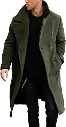 Generic Trench vintage &eacute;pais &agrave; double boutonnage classique thermique en laine m&eacute;lang&eacute;e long manteau pour temps froid pour homme, Vert, XXL