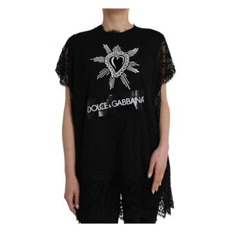 Dolce & Gabbana Schwarzes Spitzen-T-Shirt mit Heiligem Herzen-Druck - - Tops - Damen - Schwarzk - M