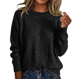 Minetom Pull Paillettes Femme Col Rond Sequins Pullover Hiver Manches Longues Couleur Unie D&eacute;contract&eacute; Sequins Pulls Tricot A Noir XL