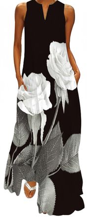 Ocean Plus Damen Ärmelloser Langer Rock V-Ausschnitt Bedrucktes Blumenkleid Ärmelloses Maxikleid mit V-Ausschnitt (4XL, Weiße Rosen)