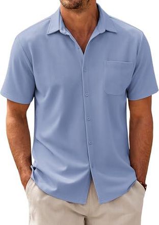 Coofandy Chemise à manches courtes pour homme avec poche texturée décontractée - Coupe droite - Motif chevrons - Chemise dété élastique, Bleu clair, XL