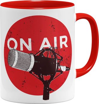 OM3 ON-AIR Microphone Kaffee-Tasse für Streamer Podcast - Keramik Becher - 11oz 325ml - Beidseitig Bedruckt - Rot
