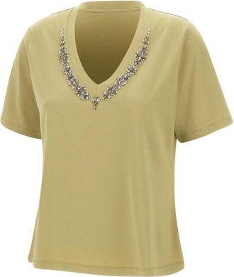 Elena Miro Femme, Tops, Vert, Taille: 42 FR T-shirt col V orn&eacute; de bijoux
