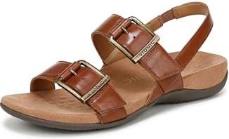 Vionic Sandales plates Reese pour femme, Marron clair/cuir, 6 UK Wide
