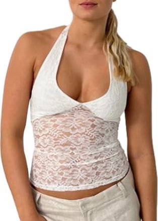 Generic HzDazrl Débardeur sans manches pour femme avec bordure en dentelle dos nu et col en V Y2K, Motif floral en dentelle blanche, S