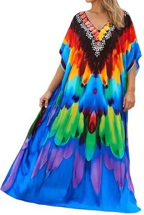 Generico Kaftan Robe longue d&eacute;t&eacute; pour femme style musulman ample Motif ethnique, bleu, Taille Unique