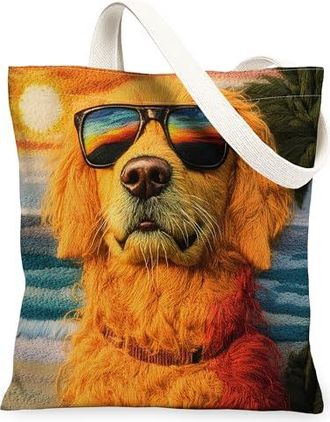 Generic Sac fourre-tout en toile motif chien Golden Retriever d&eacute;t&eacute; pour faire du shopping, 33 x 38,1 cm, sac r&eacute;utilisable &agrave; motif imprim&eacute; de chiot c&ocirc;tier pour