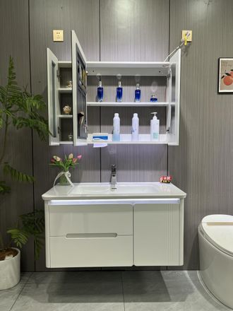 Generic Moderner 91,4 cm Badezimmerschrank mit LED-Licht, wei&szlig;es schwimmendes Wand-Design, Medizinschrank mit Spiegel, Aufbewahrungsschubladen f&uuml;r Badezimmer