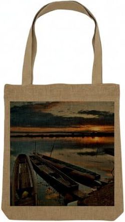 Fabulous Sac Shopping Tote Bag Aspect Lin - Barque de P&ecirc;che Rives dun Lac Devant un Coucher de Soleil - Sac Courses Toile Epaisse 360g Beige Naturel Cabas Port