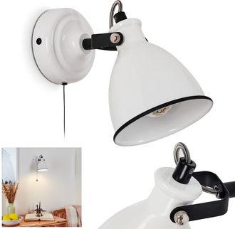 HOFSTEIN Wandleuchte Selki, Wandlampe im Vintage-Design aus Metall in Weiß (glänzend)/Schwarz, Retro-Leuchte mit verstellbarem Strahler und Zugschalter, 1-flam