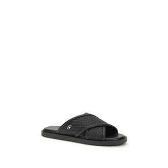 Ferragamo Mens Black Calf Leather Bos Taurus Flat Sandals