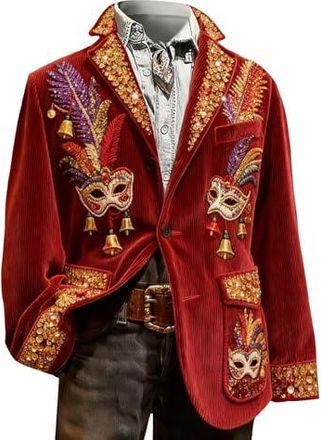 Generic Veste de costume de Noël en velours côtelé pour homme - Blazer vintage à manches longues - Manteaux de Noël décontractés et amusants - Costume de fête