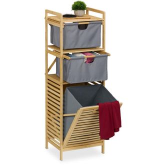 Relaxdays Relaxdays - Meuble &agrave; linge, sac de capacit&eacute; 30 litres, paniers pratiques, bambou et polyester, 120x40x33 cm, nature & gris