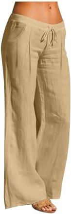 Generic Pantalon Palazzo en lin &agrave; jambe large pour femme avec poches et cordon de serrage, taille haute &eacute;lastique, coupe d&eacute;contract&eacute;e, pantalon de plage, kaki
