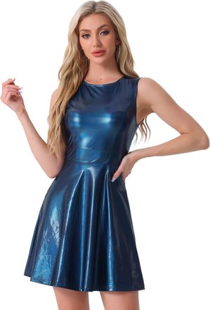 Allegra K Damen &Auml;rmellos Partykleid Glitzer Rundhals A-Linie Holografisch Metallic Kleid Dunkelblau M