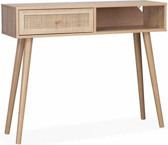 Sweeek Console en cannage 100x29x81cm - Bohème - Naturel. 1 tiroir.1 espace de rangement. pieds scandinaves décor bois. 1 poignée