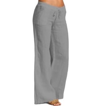 Generic Pantalon d&eacute;t&eacute; Palazzo en lin pour femme - Jambes larges - Pantalon fluide - Style boh&egrave;me - Vacances - Taille &eacute;lastique - Grande taille - Avec poches, 