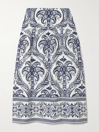 Farm Rio Jupe Midi En Lin Imprimé À Smocks Tripical Cameo - Bleu