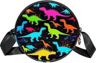 Generic Petit sac &agrave; bandouli&egrave;re rond pour femme, motif dinosaures arc-en-ciel, avec fermeture &eacute;clair, bretelles r&eacute;glables, sac &agrave; main rond d&eacute;contract&eacute; pour fe