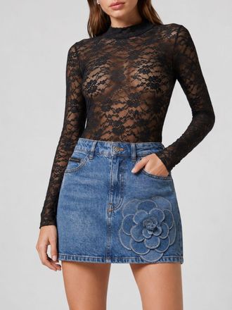 Philipp Plein Hoch taillierter Jeans-Minirock von mit Strasssteinen und Blumenapplikation