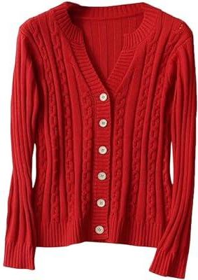 Generic Cardigan en tricot torsad&eacute; &agrave; manches longues et col en V pour femme, Rouge, M