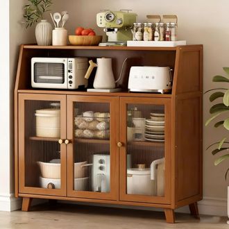 Generic Sideboard in Massivholzoptik mit halbtransparenten Glast&uuml;ren Offene Regalb&ouml;den + Schubladen Stauraum for das Esszimmer, Teeschrank und Wohnzimmer(Tea 