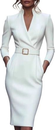 Generic Robe rétro pour femme, manches longues, col mandarin, col en V, fourreau midi, élégant col en V, manches longues avec ceinture, blanc, 3XL
