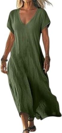 Generic Robe de plage d&eacute;t&eacute; en coton &agrave; manches courtes et col en V pour femme - Robe longue confortable et fluide, Vert, 3XL