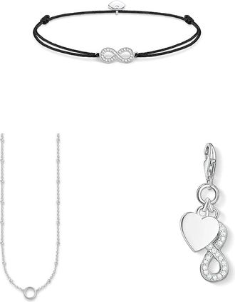 Thomas Sabo Damen Armband Schwarz Little Secret + Anhänger Unendlichkeit Infinity + Kette Charm Club 925 Sterling Silber
