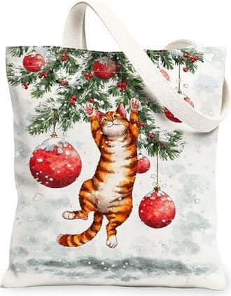 Generic Sac fourre-tout en toile motif chat de No&euml;l, motif f&eacute;lin, r&eacute;utilisable, vintage, l&eacute;ger, lavable, blanc, 13x15 Inch