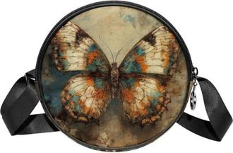 Generic Sac &agrave; bandouli&egrave;re rond pour femme, motif papillon vintage, petit sac &agrave; bandouli&egrave;re avec fermeture &eacute;clair, bretelles r&eacute;glables, sac &agrave; main rond d&eacute;contr