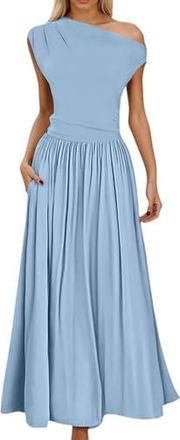 Generic Robes amincissantes d&eacute;t&eacute; 2025 pour femmes, robe maxi sans manches, asym&eacute;trique, d&eacute;contract&eacute;e, ajust&eacute;e, pliss&eacute;e avec poches, bleu, XL