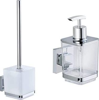 WENKO Vacuum-Loc Wand WC-Garnitur Quadro, Toilettenbürste mit offenem Bürstenhalter, 9,5 x 37 x 12,5 cm & Vacuum-Loc Seifenspender mit Wandhalterung Quadro,