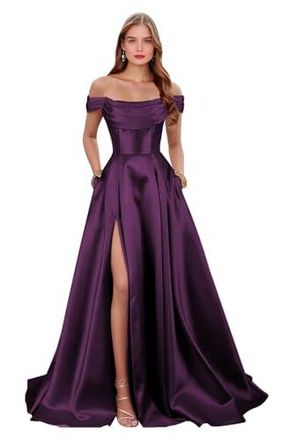 Generic Robes de bal en satin avec fente sans bretelles, corset trapèze, robes de bal à épaules dénudées, longues robes de soirée formelles avec poches, viole