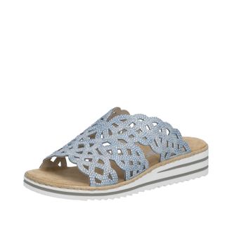 Rieker Pantolette RIEKER, Damen, Gr. 42, hellblau, Lederimitat, Schuhe Pantolette, Sommerschuh, Strandschuh, Hausschuh, Keilabsatz, mit Strass-Steinchen