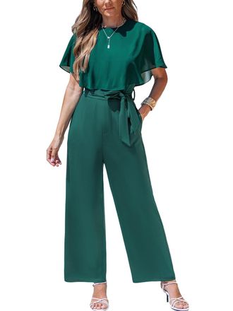Cupshe Damen Jumpsuit V-Ausschnitt Schalärmel Overall Weites Bein Sommer Strand Elegant Playsuit mit Gürtel